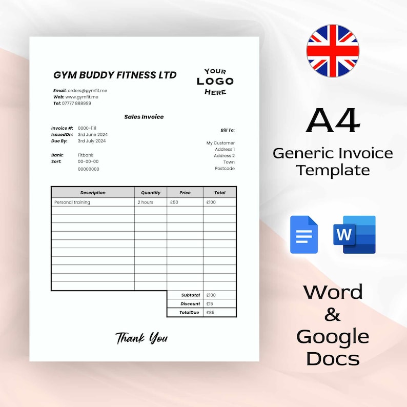 A4 Paper UK Generic Invoice Template - Google Docs - Microsoft Word ...