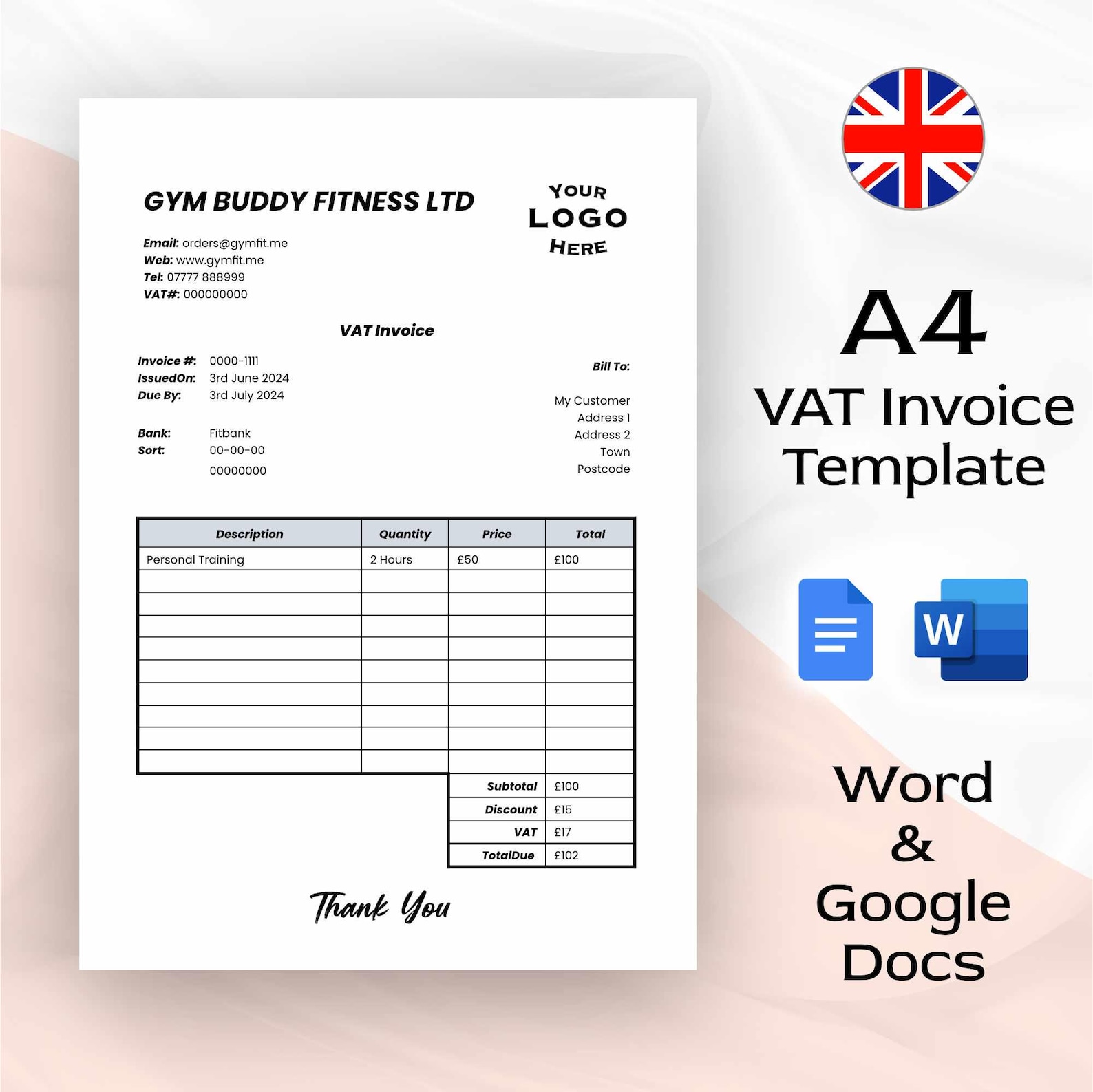 A4 Paper UK VAT Invoice Template Google Docs Microsoft Word Personal ...
