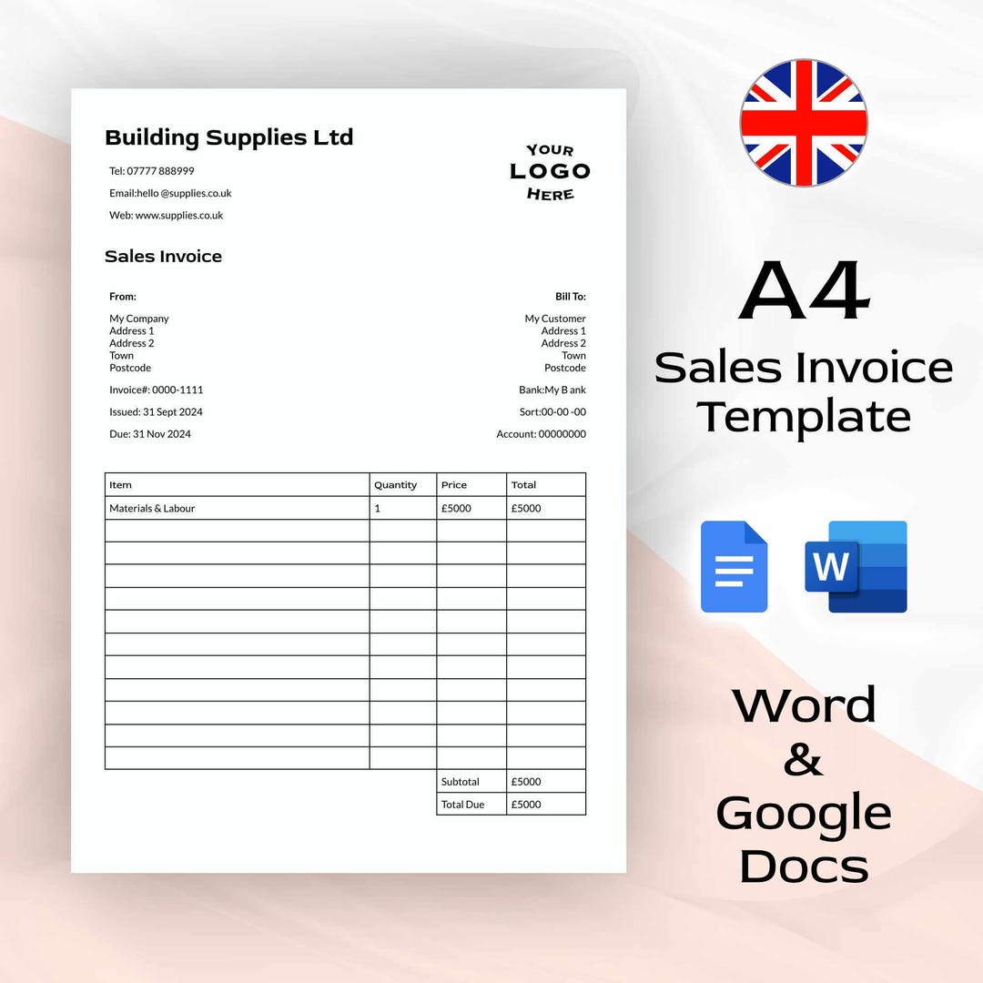 A4 Paper UK Generic Invoice Template - Google Docs - Microsoft Word ...