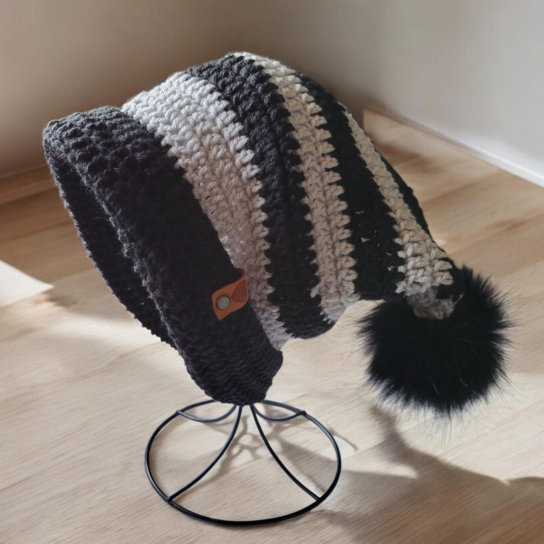 Droopy Cat Ears Beanie, Crochet Pom Beanie, Striped Kitty Ears Hat ...