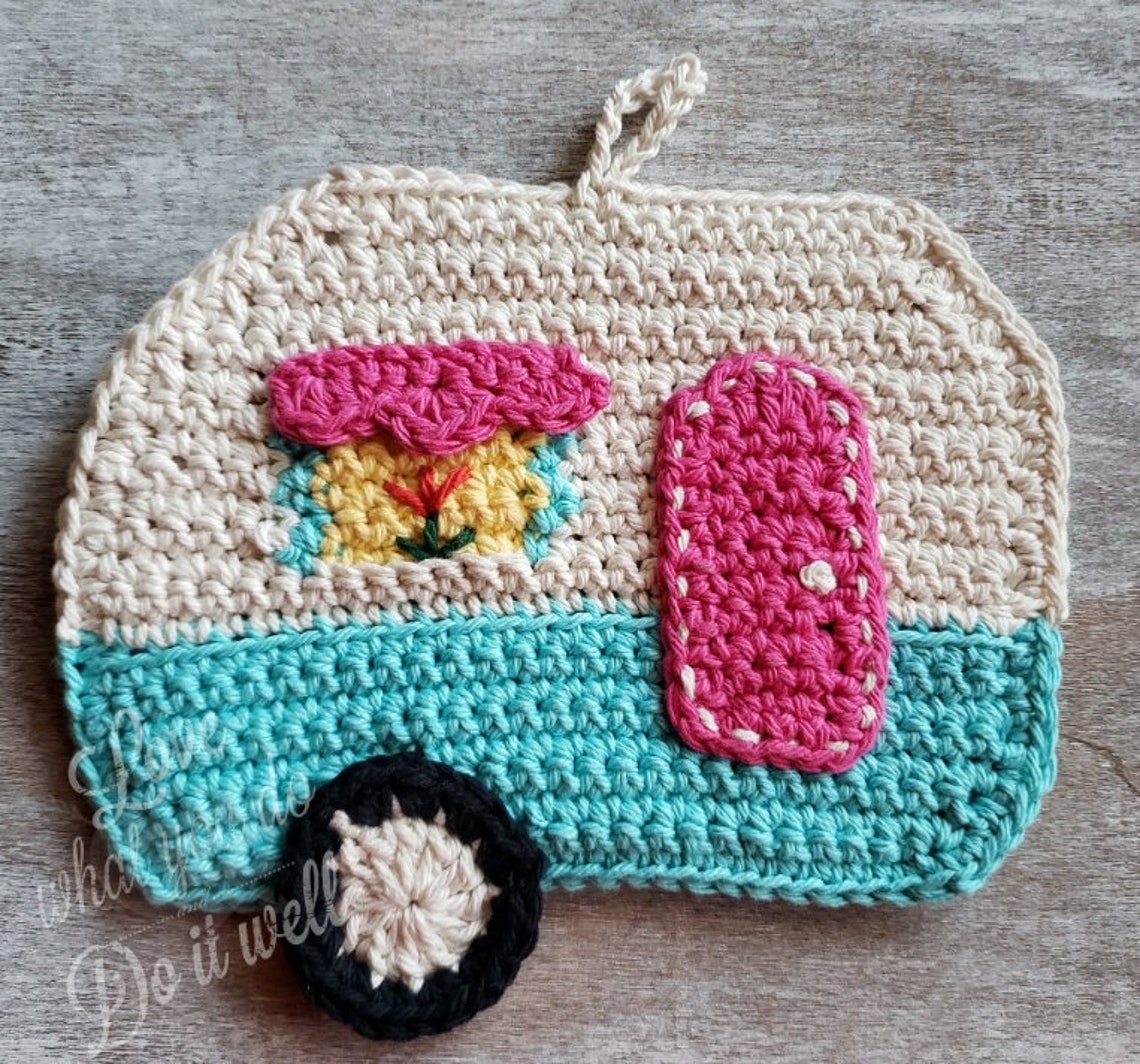 Camper Trailer Potholder Crochet Cottontrivet Camping Hot - Etsy