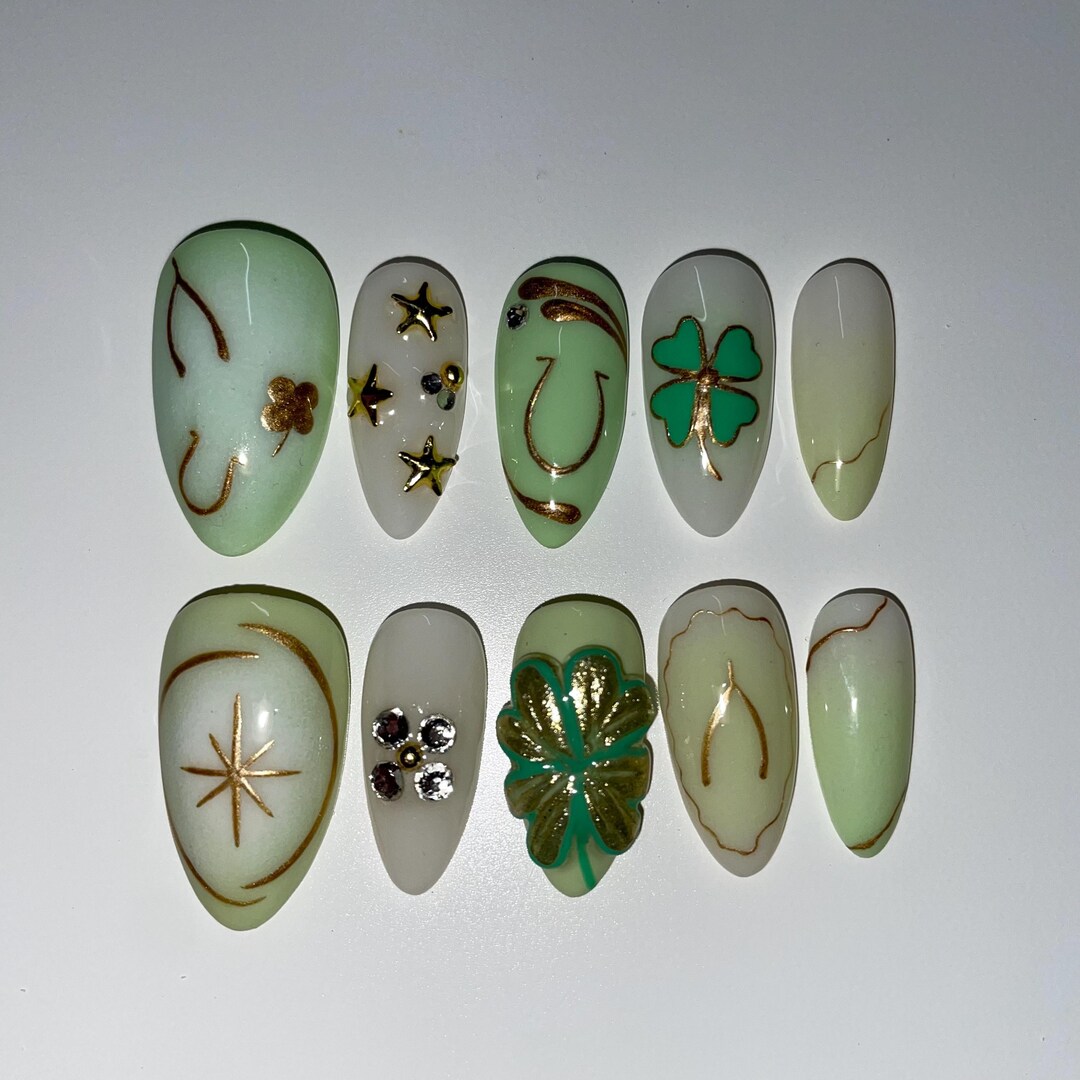 Good Luck Charm Press on Nails - Custom Hand-painted St. Patrick's Day ...