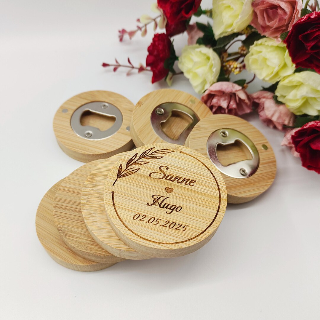 Custom Engraved Wooden Bottle Opener Magnet – Personalized Wedding ...