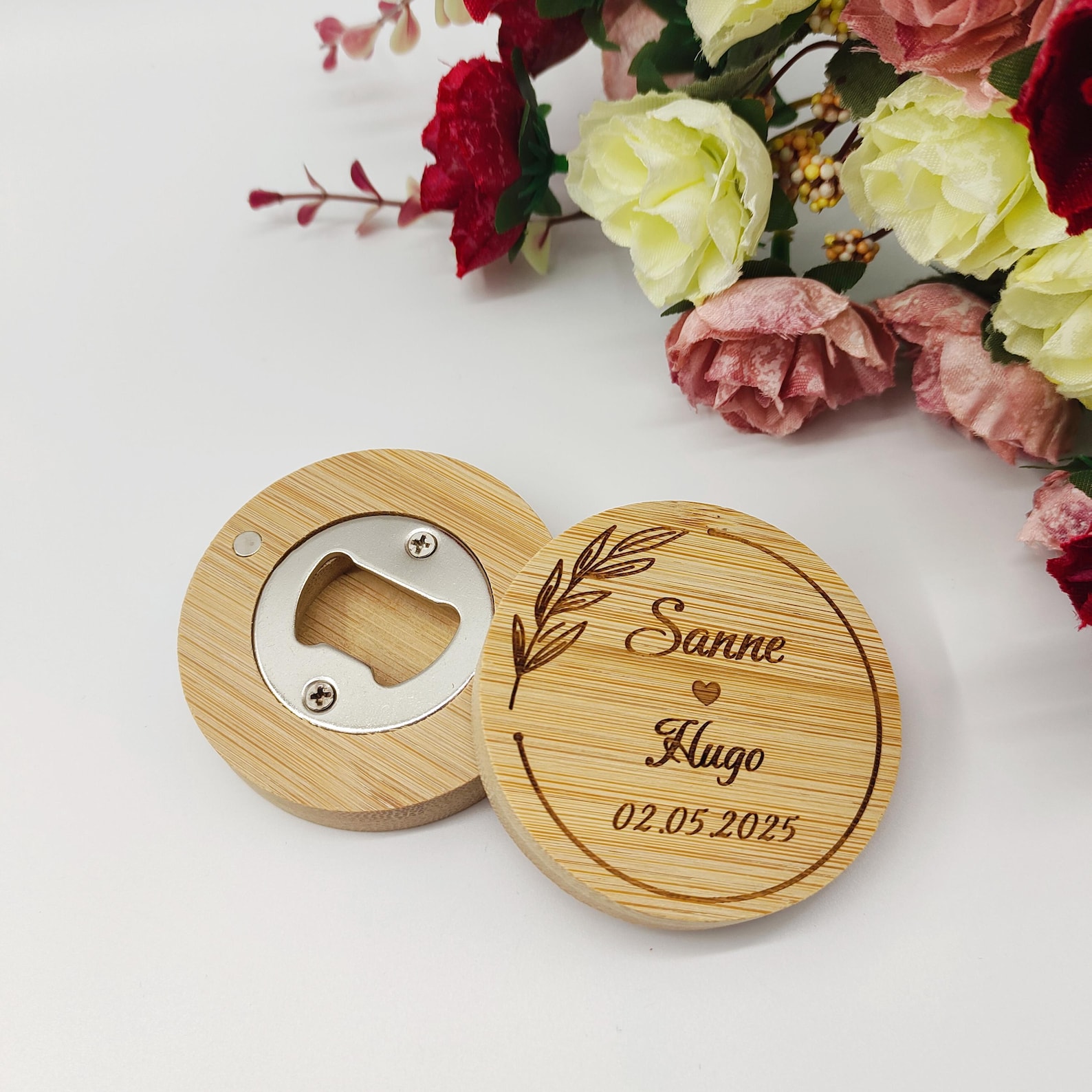 Custom Engraved Wooden Bottle Opener Magnet – Personalized Wedding ...