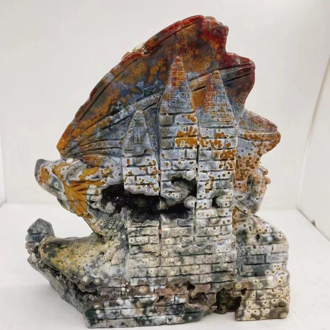 8th Vein Ocean Jasper Dragon Castle Carved in Crystal | Natural Stone ...