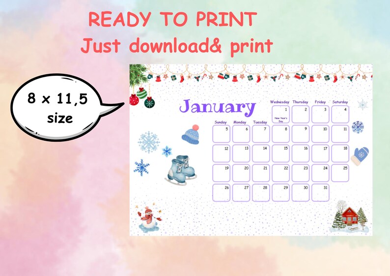 2025 Calendar Printable, Colourful Calendar, Cute Calendar 2025, Wall ...