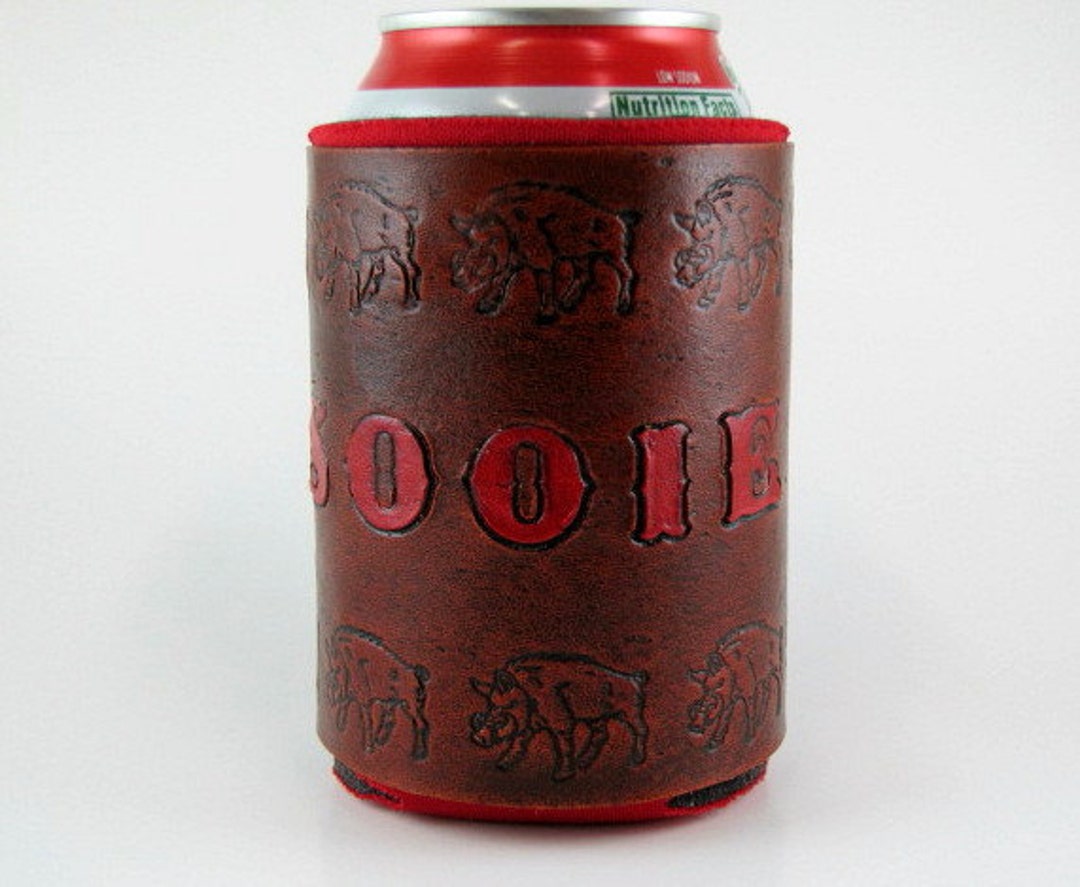 Razorback Hog Leather Can Holder, Hand Tooled Insulated Beer Cooler ...