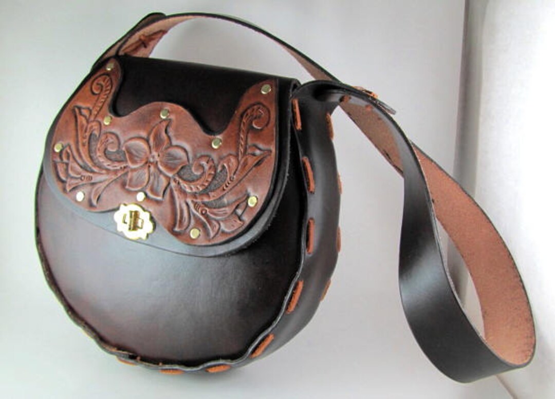 Round Leather Shoulder Bag Hand Tooled Flower With Scrolling Leaf ...