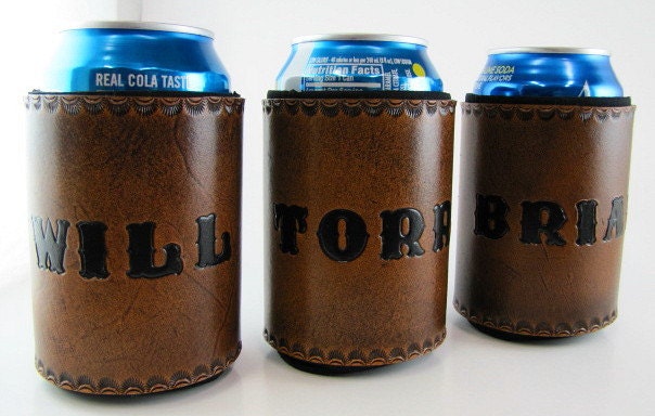 Leather Can Holder, Hand Tooled, Personalized Groomsmen Gift, Rustic ...