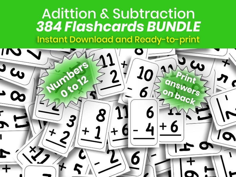Printable Addition & Subtraction 384 Flash Cards, First Grade Math ...