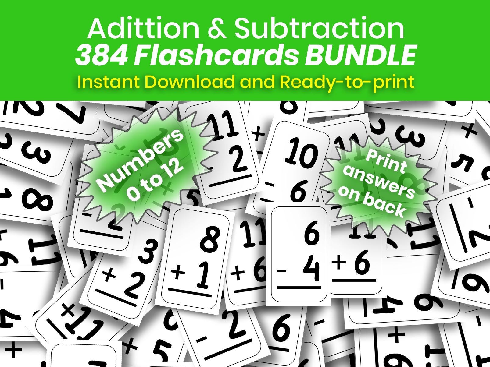 Printable Addition & Subtraction 384 Flash Cards, First Grade Math ...