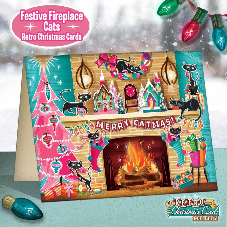 Festive Fireplace Cats Christmas Cards, Package of 8 | Retro Christmas ...