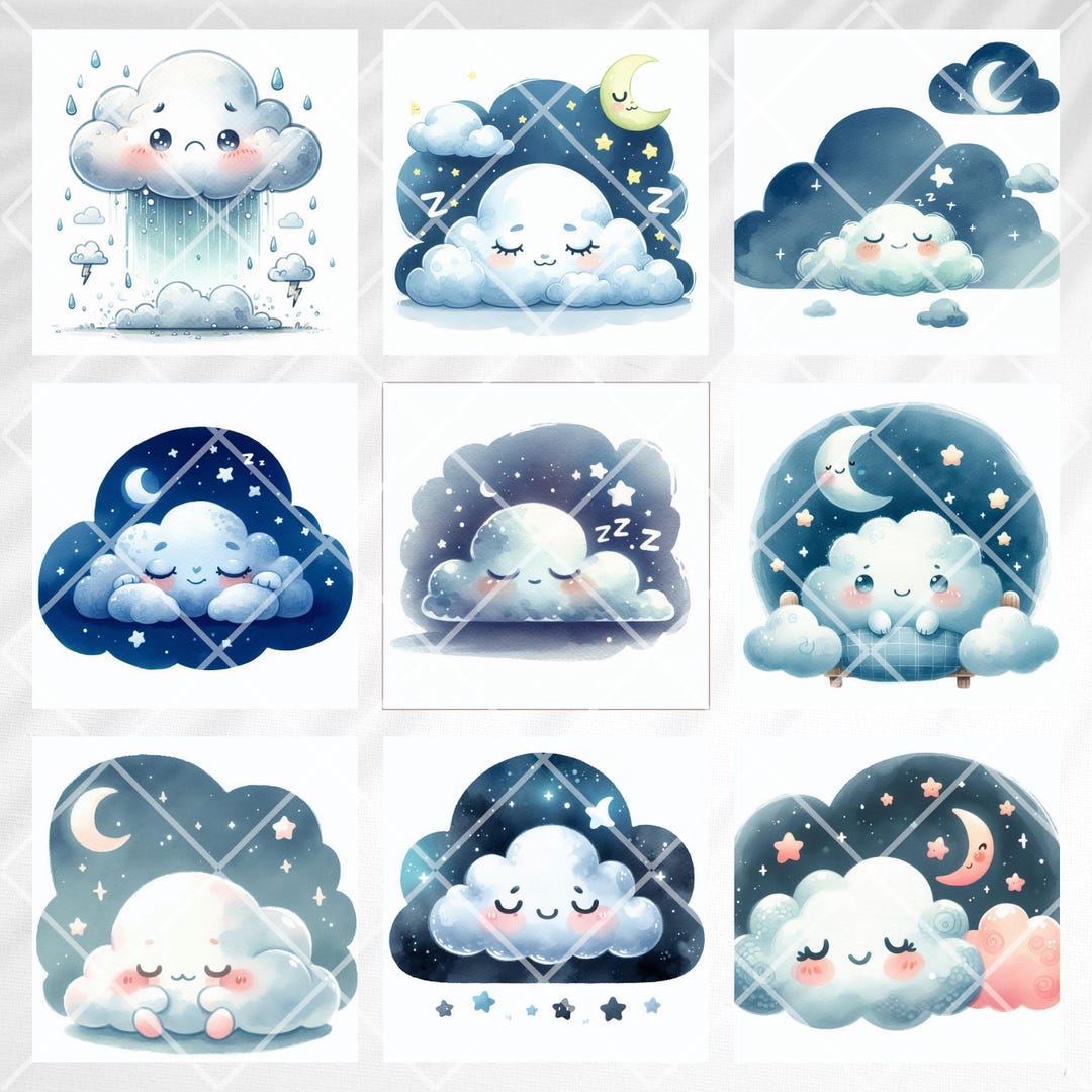 52 Watercolor Clouds, Digital Download, Nursery Decor, Happy Cloud PNG ...
