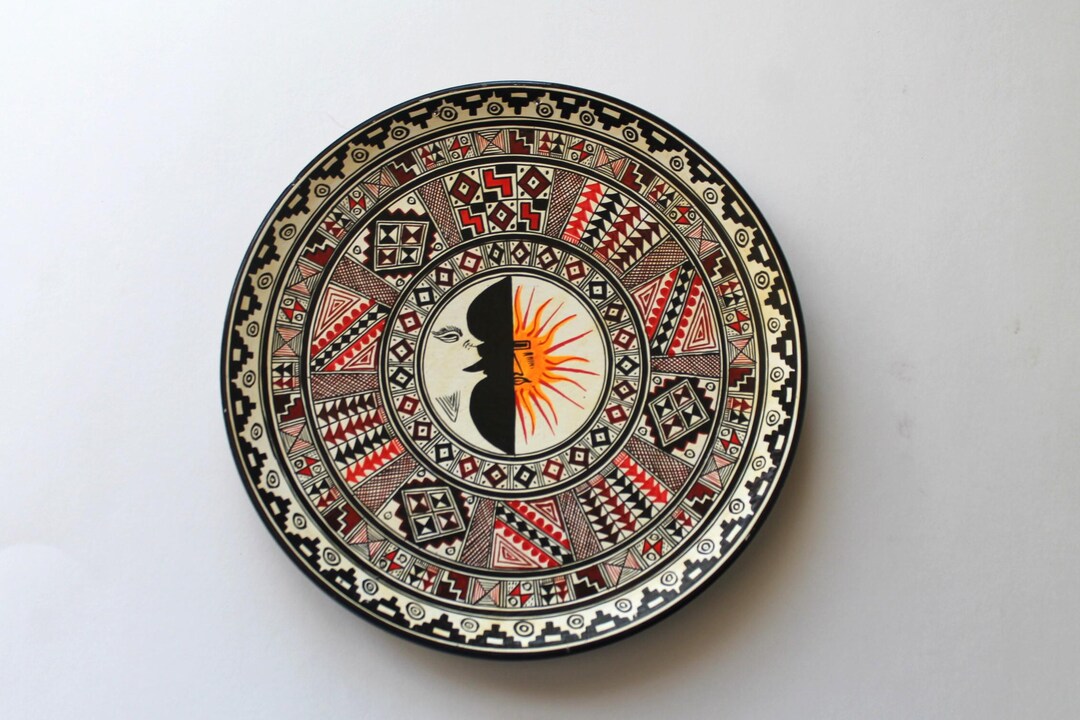 Vintage Peruvian DISH, Sun Moon Night Day Pattern, Painted Wood ...