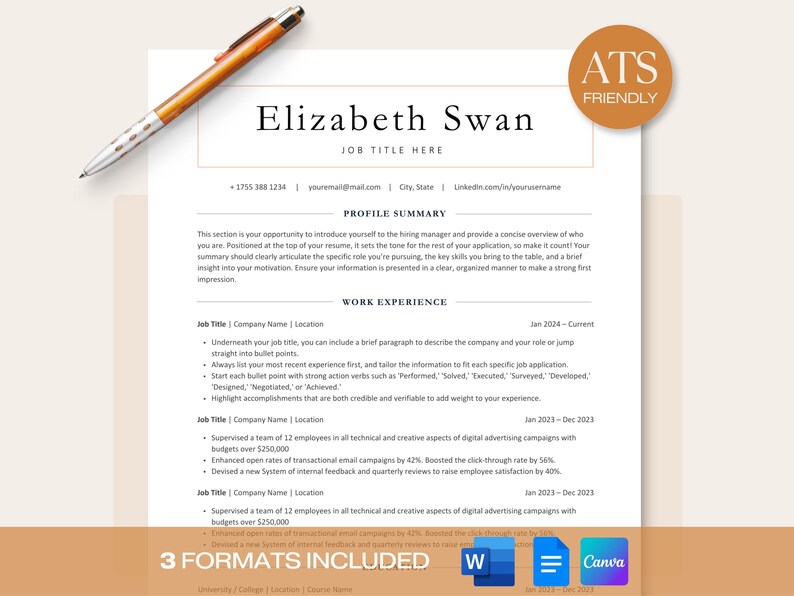 ATS Friendly Resume Template Word, Canva, Google Docs, ATS Resume, ATS ...