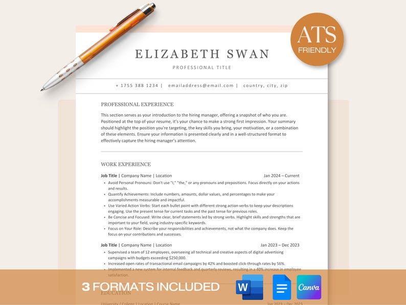 ATS Friendly Resume Template Word, Canva, Google Docs, ATS Resume, ATS ...
