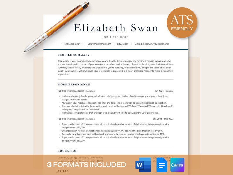 ATS Friendly Resume Template Word, Canva, Google Docs, ATS Resume, ATS ...