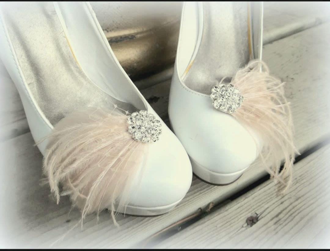 Ivory Feather Shoe Clips, Wedding Shoe Clips, Rhinestone Buttons, Shoe ...