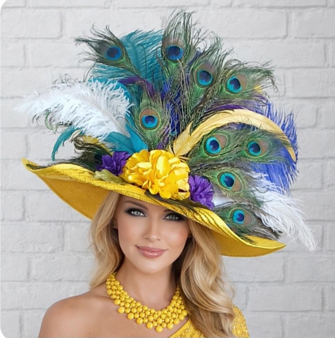 Yellow Kentucky Derby Hat, Blue Yellow, Royal Blue Ostrich Feathers ...
