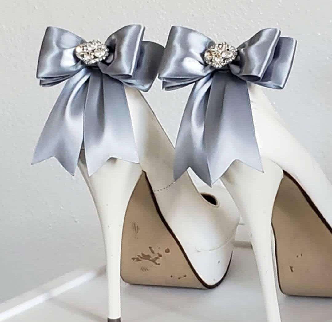 Silver Satin Bow Shoe Clips, Wedding Clips, Bow Shoe Clips, Rhinestones ...