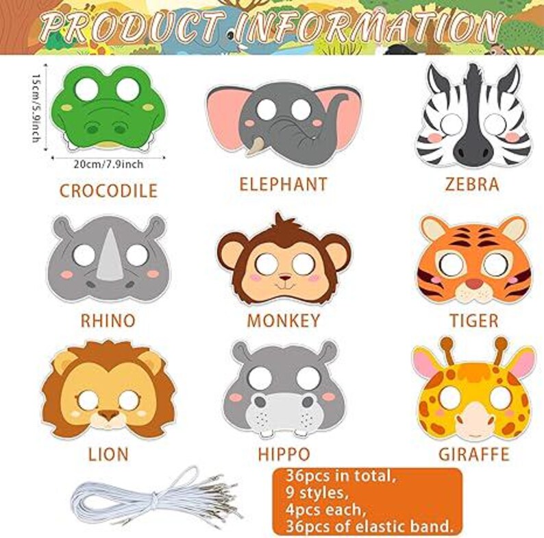 36 Set Animal Coloring Mask Jungle Paper Art Craft Kids Color Your Own ...