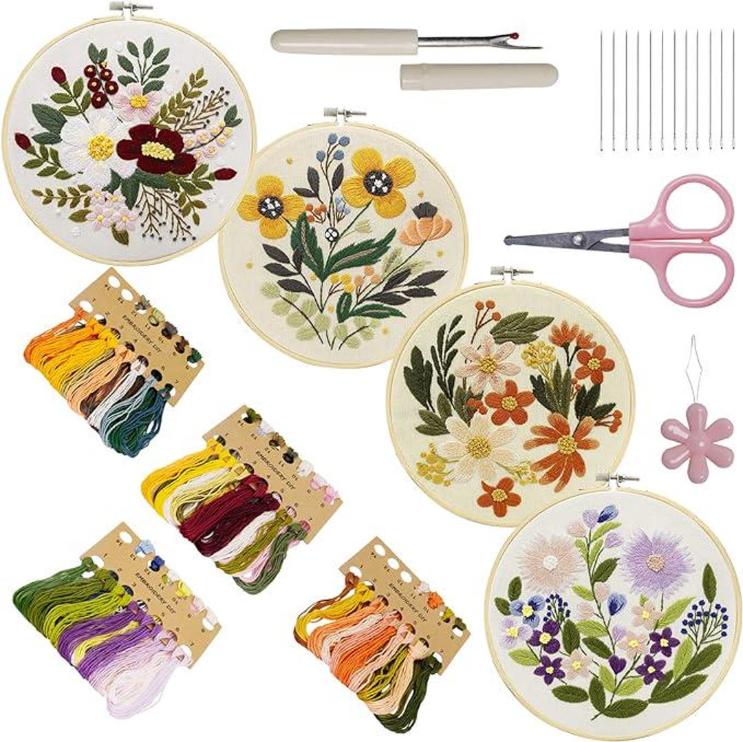 4 Sets Embroidery Set for Beginners Art Crafts Easy Sewing Includes ...