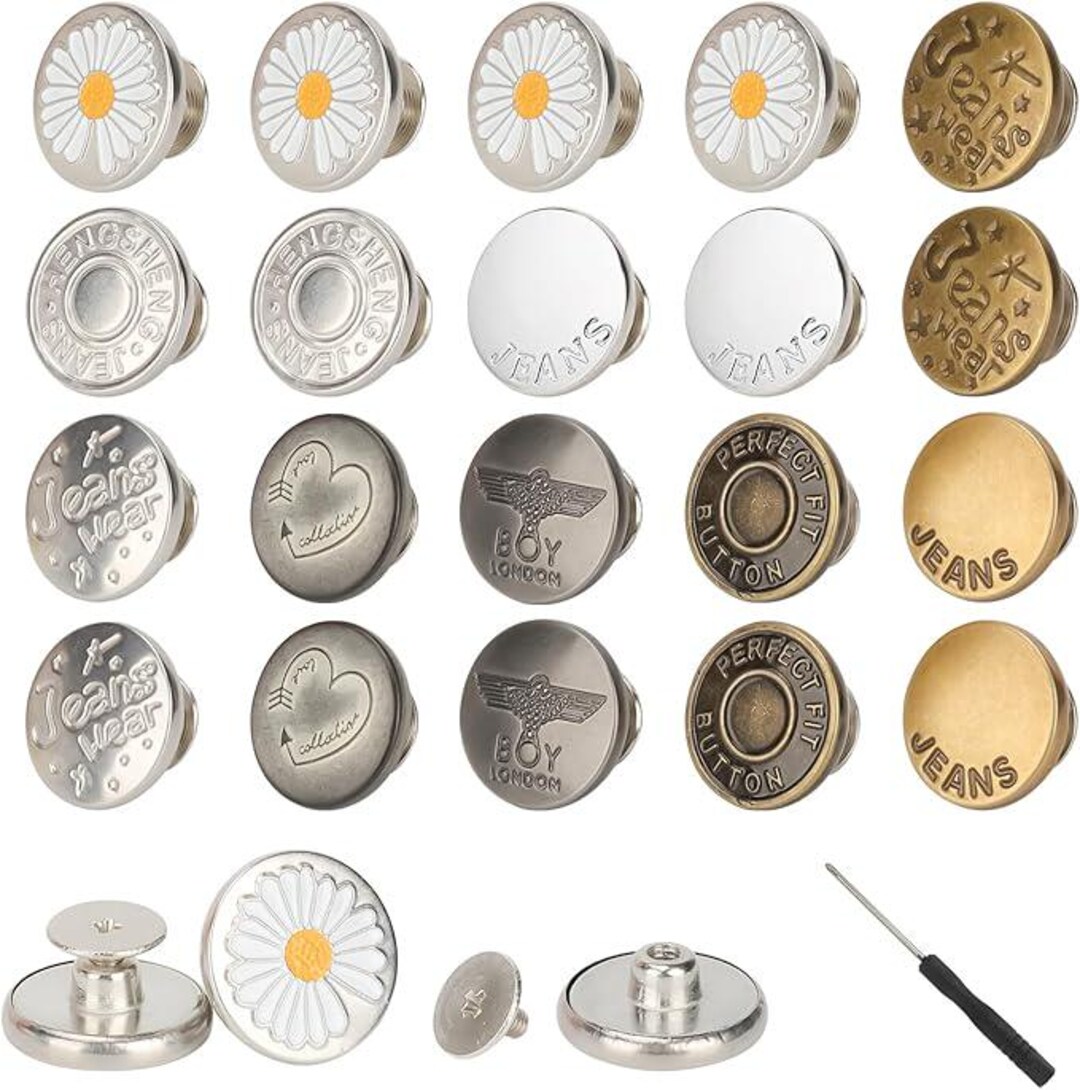 20 Sets of Metal Jean Buttons (17mm), Reusable With Tool Screwdriver ...