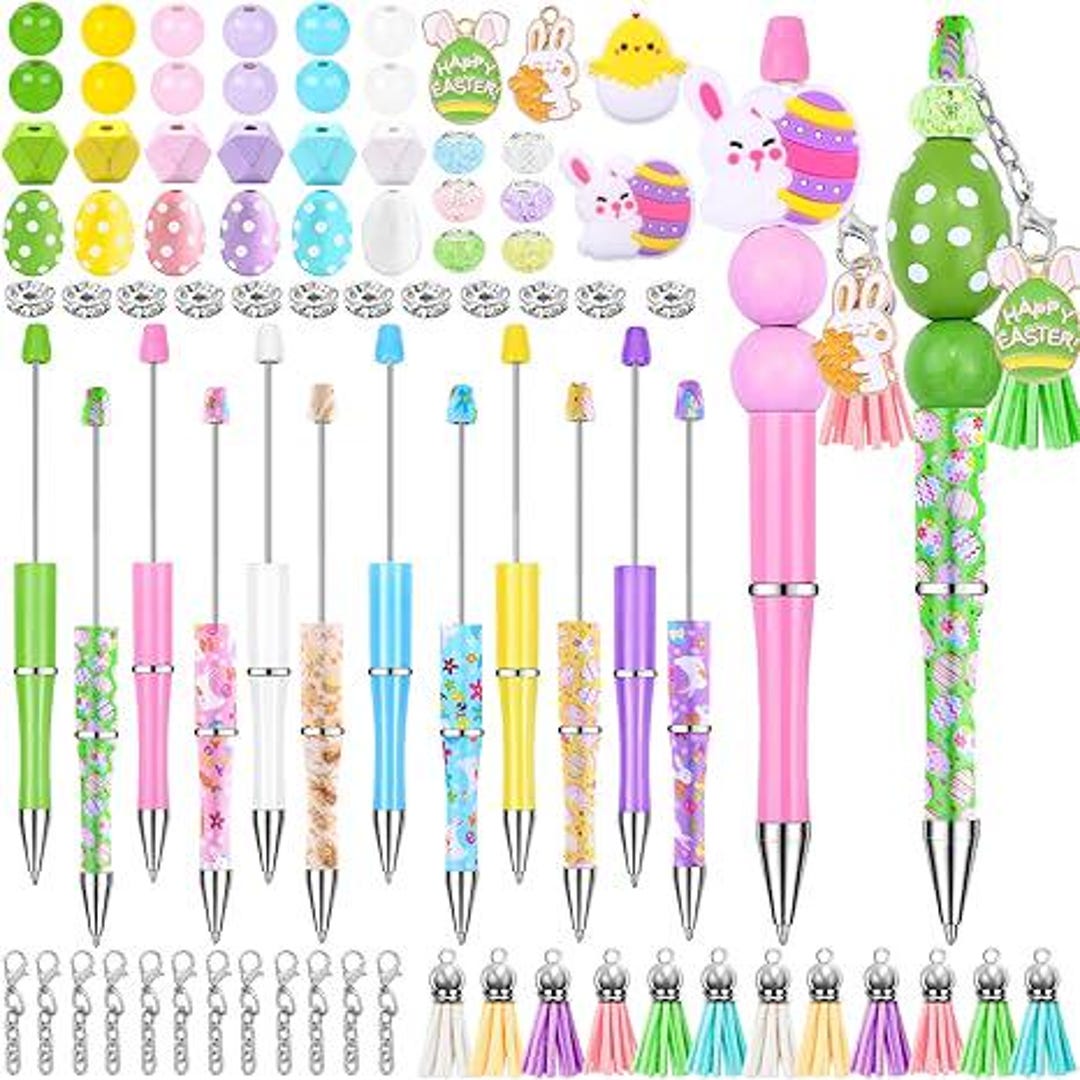 12 Set Easter Beadable Pens Plastic Bead Pens Eggs Rabbit Chick ...