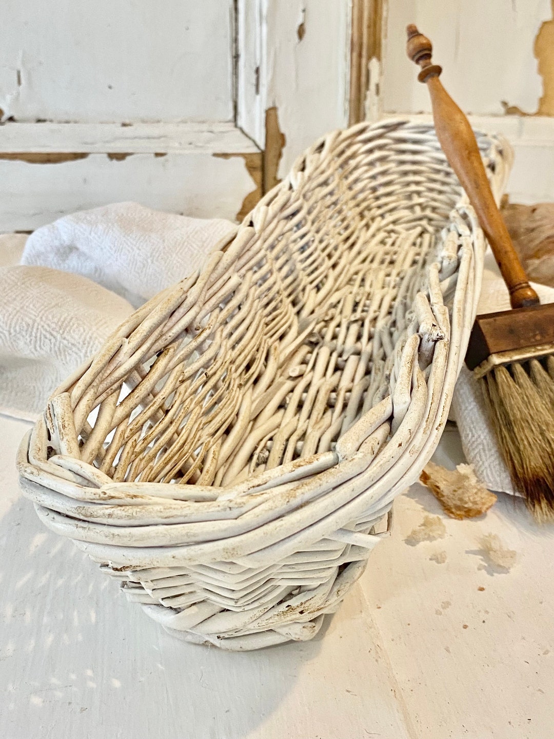 Vintage French Whitewashed Wicker Baguette Basket 54cm - Etsy