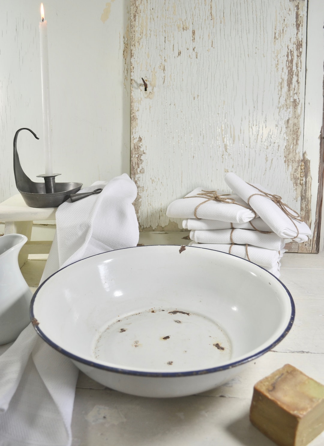 Antique French White and Blue Enamel Wash Basin - Etsy