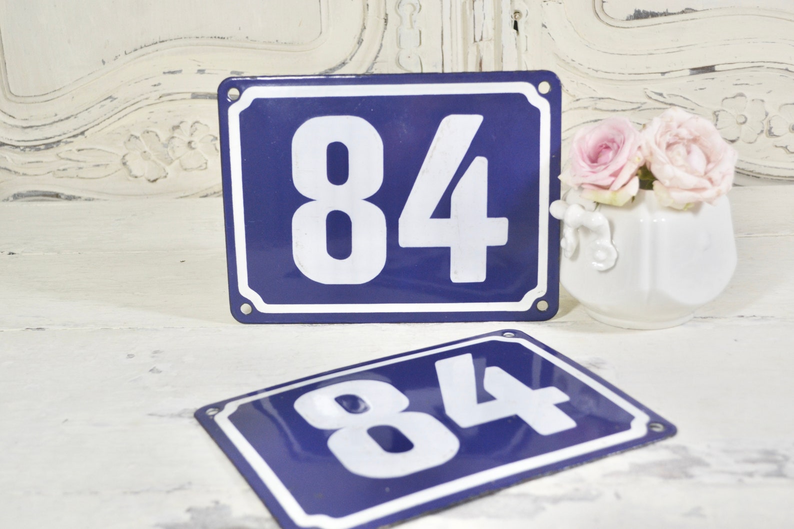 Antique French Handpainted Enamel House Number Plates/ Blue and White ...