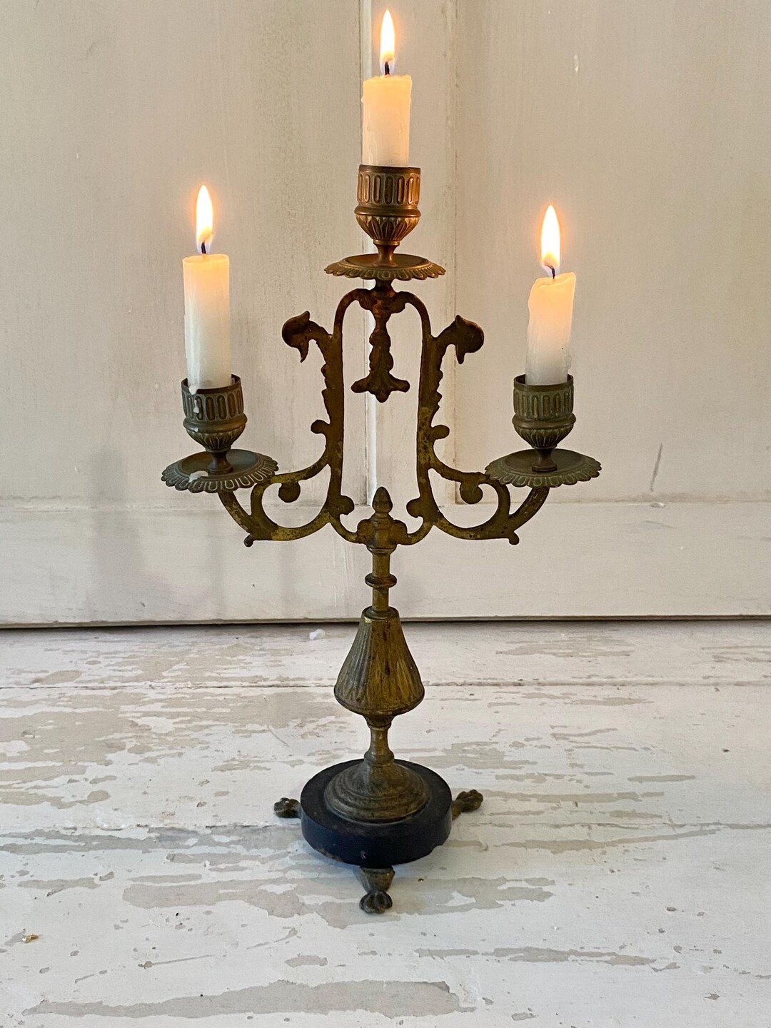 19th Century Old Patinated Brass 3 Arm Small Candelabra With Clawed ...