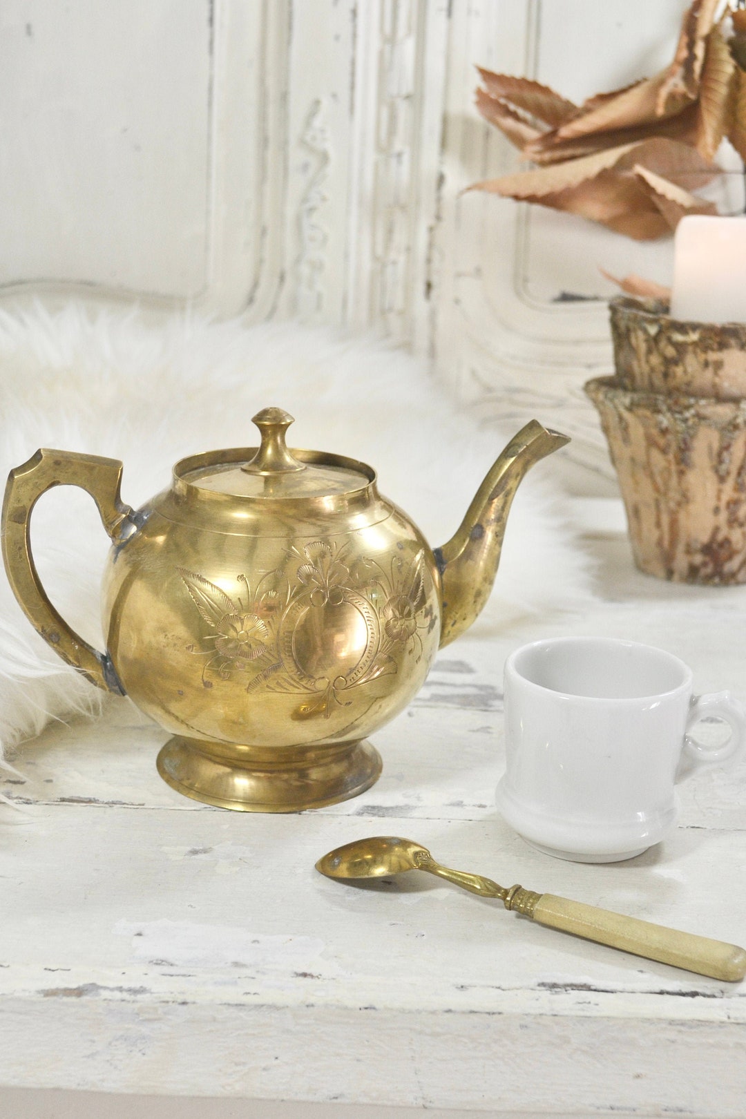 Vintage French Brass Tea Pot - Etsy