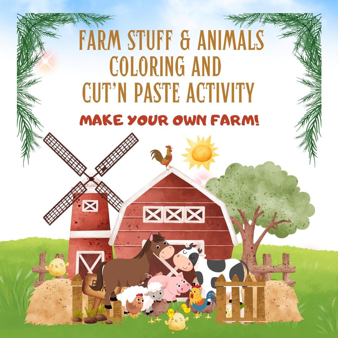 Farm Animals and Farm Stuff Coloring and Cut and Paste Activity- Make ...