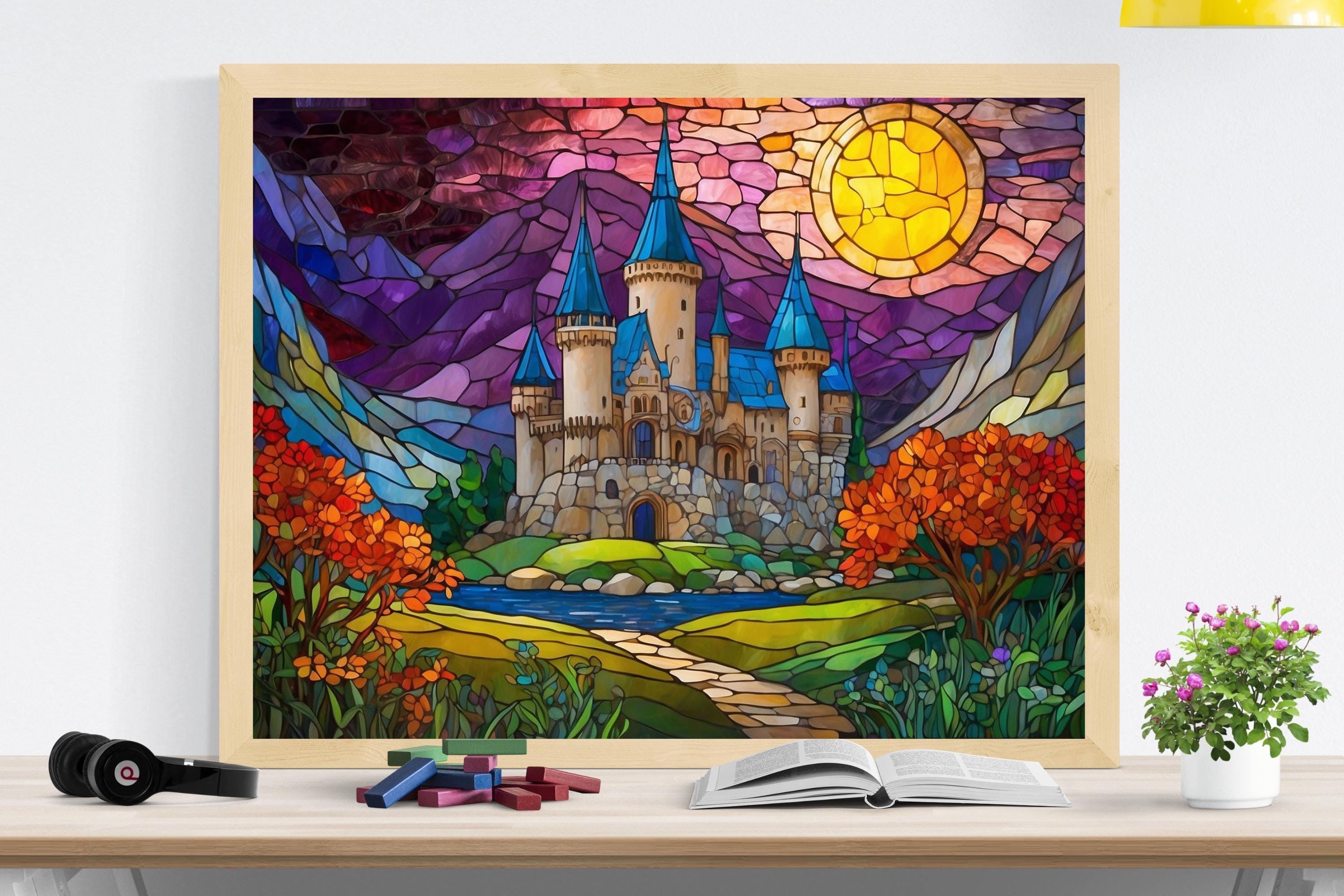 Fantasy Stained Glass Castle Poster - Vibrant Medieval Artwork, Magical ...