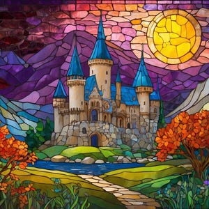 Fantasy Stained Glass Castle Poster - Vibrant Medieval Artwork, Magical ...