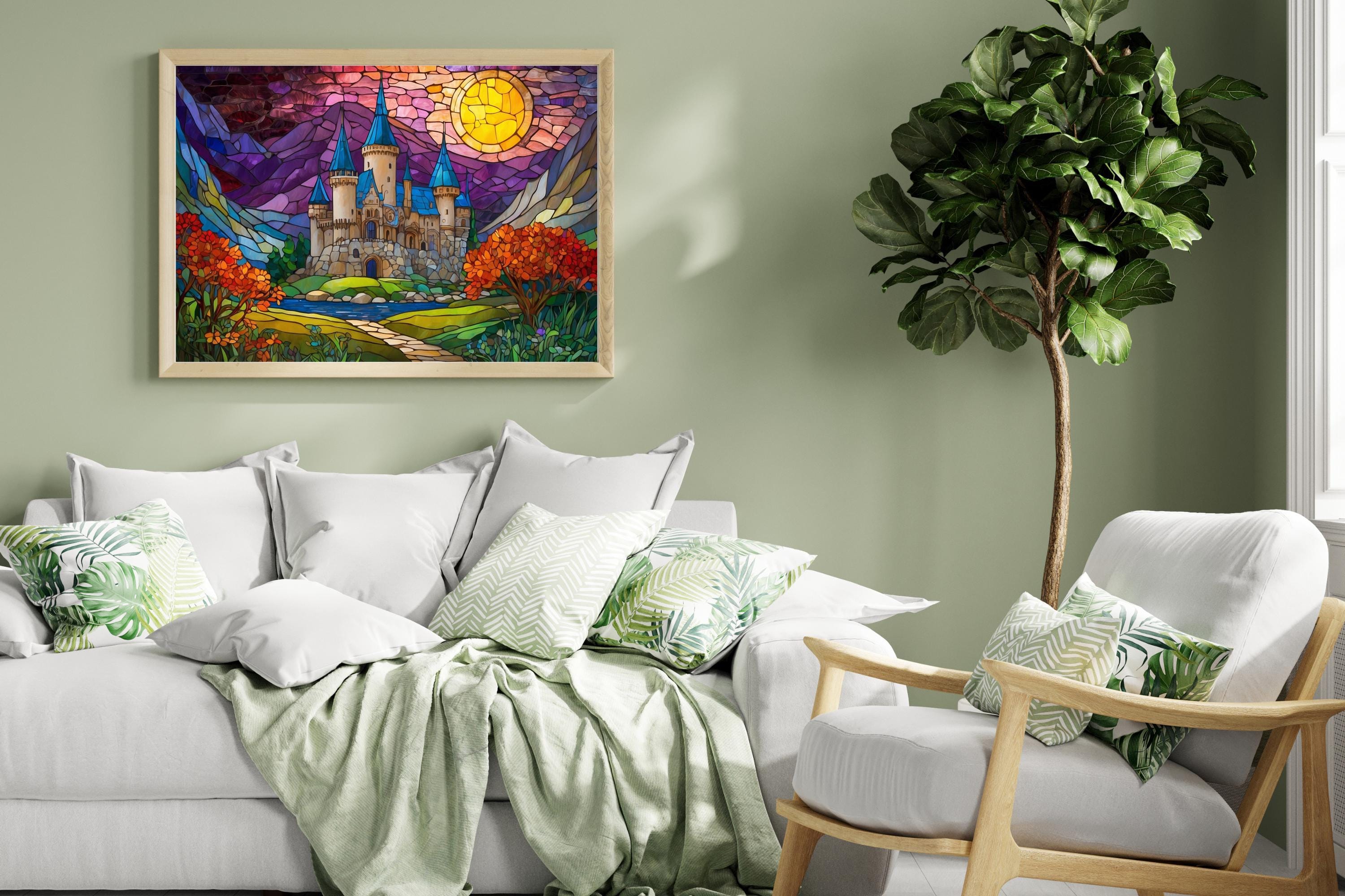 Fantasy Stained Glass Castle Poster - Vibrant Medieval Artwork, Magical ...