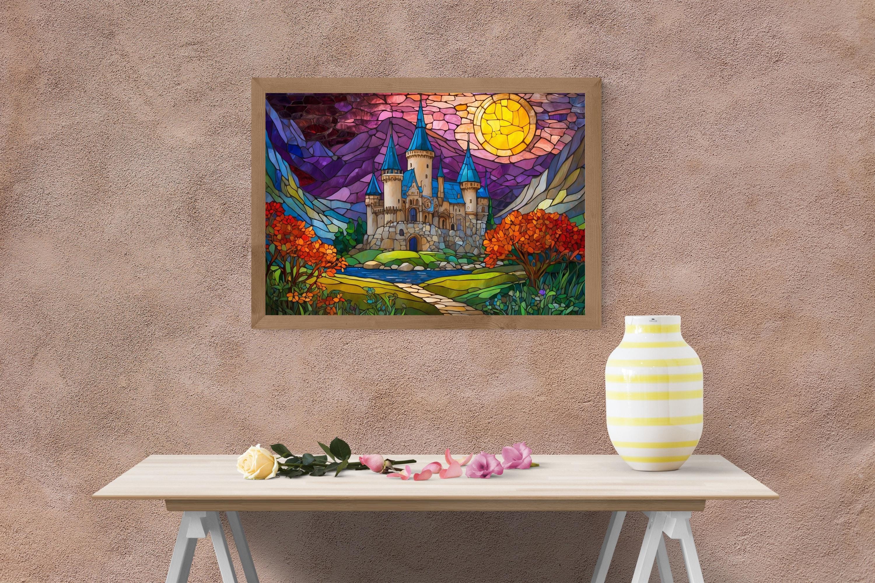 Fantasy Stained Glass Castle Poster - Vibrant Medieval Artwork, Magical ...