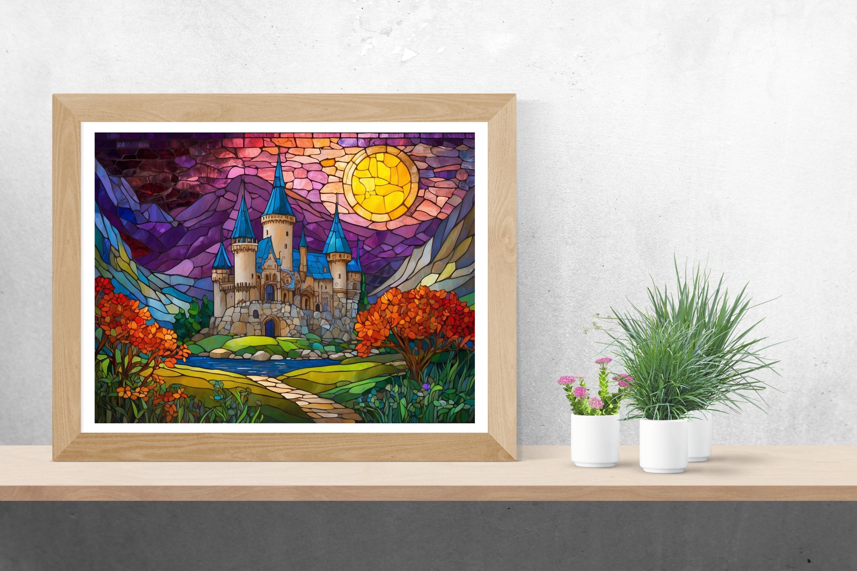 Fantasy Stained Glass Castle Poster - Vibrant Medieval Artwork, Magical ...