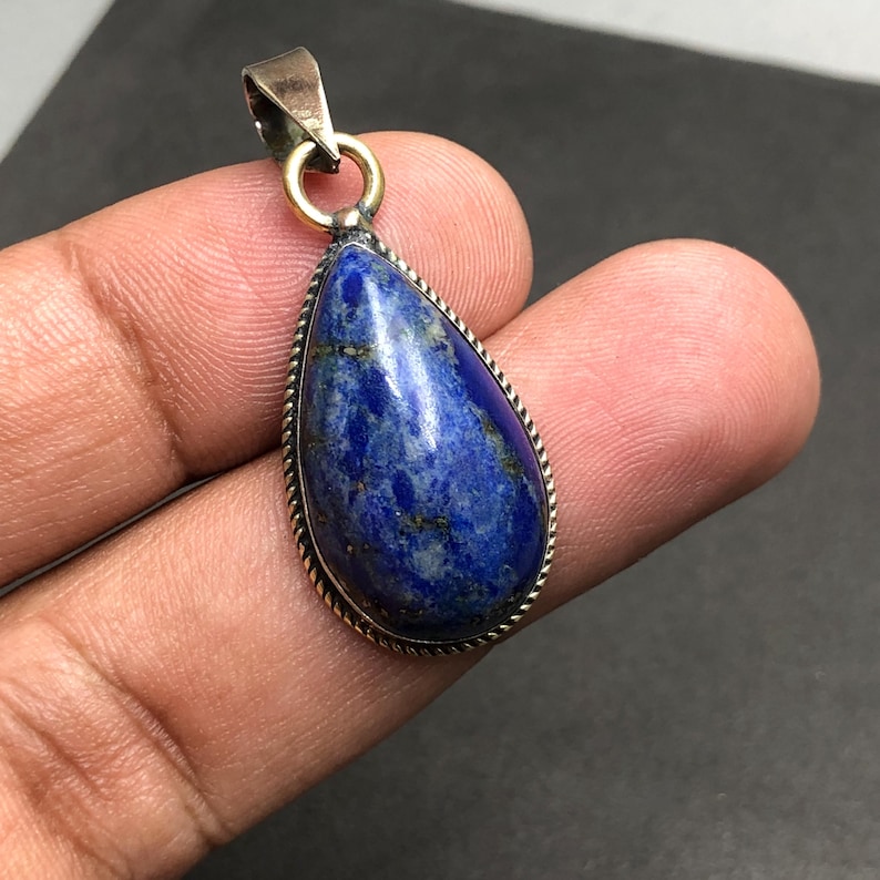 Undyed Lapis Lazuli Pendant Necklace: Deep Royal Blue Color Genuine ...