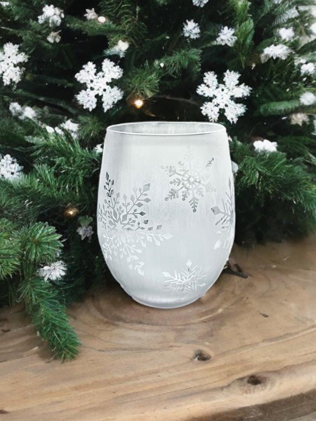 Snowflake Etched Wine Glass-winter- Christmas-15oz Stemless- Wine ...