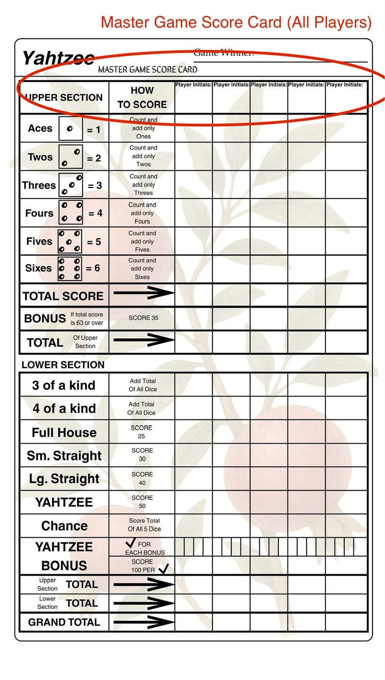 Printable Yahtzee Score Sheets PDF – Fall Pomegranate Theme, 2-per-page ...