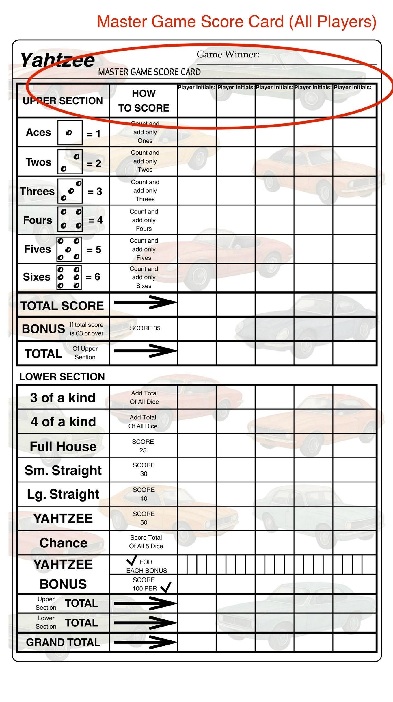 Printable Yahtzee Score Sheets PDF – Vintage Classic Car Theme, 2-per ...
