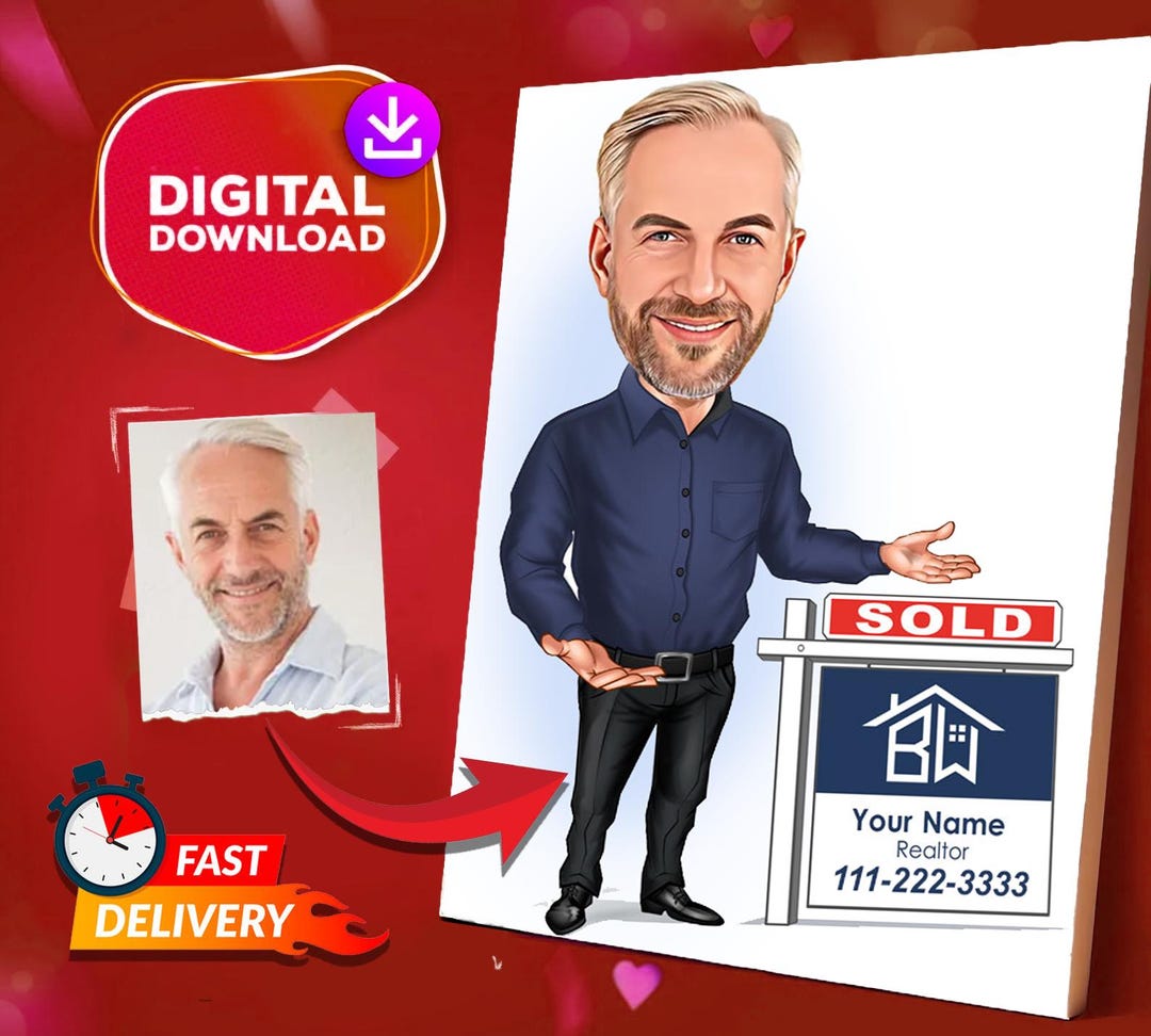 Personalized Real Estate Agent Cartoon Portrait, Custom Realtor ...