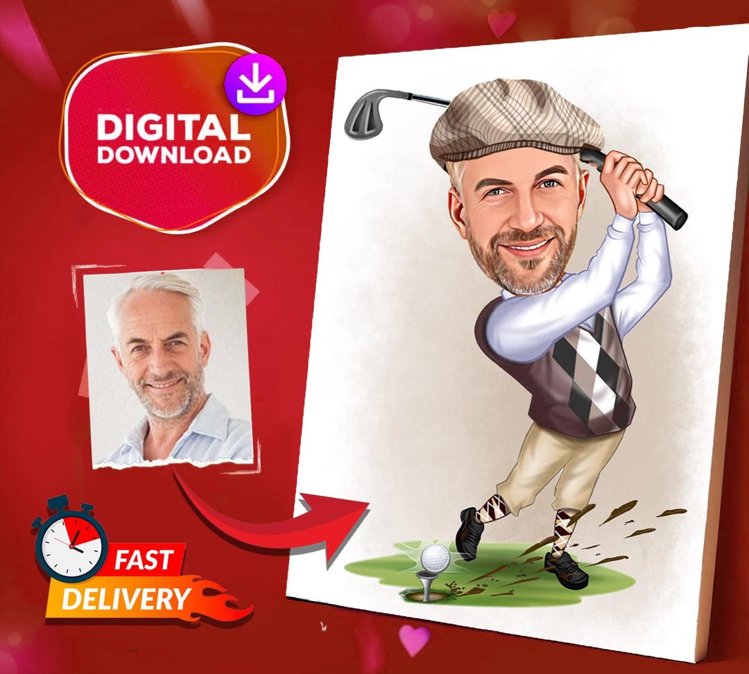 Personalized Golfer Cartoon Portrait, Custom Golfer Caricature Drawing ...