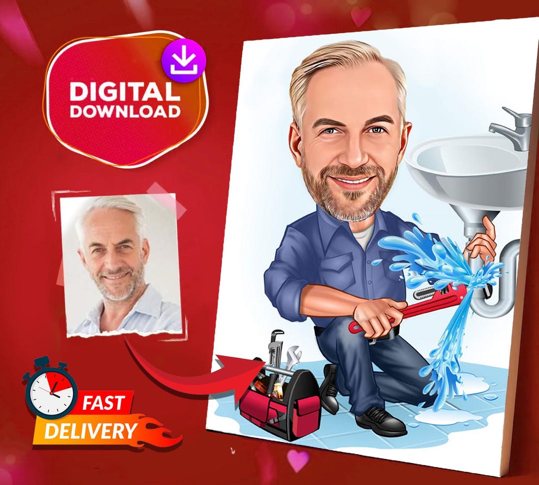 Personalized Plumber Cartoon Portrait, Plumber Caricature Drawing From ...