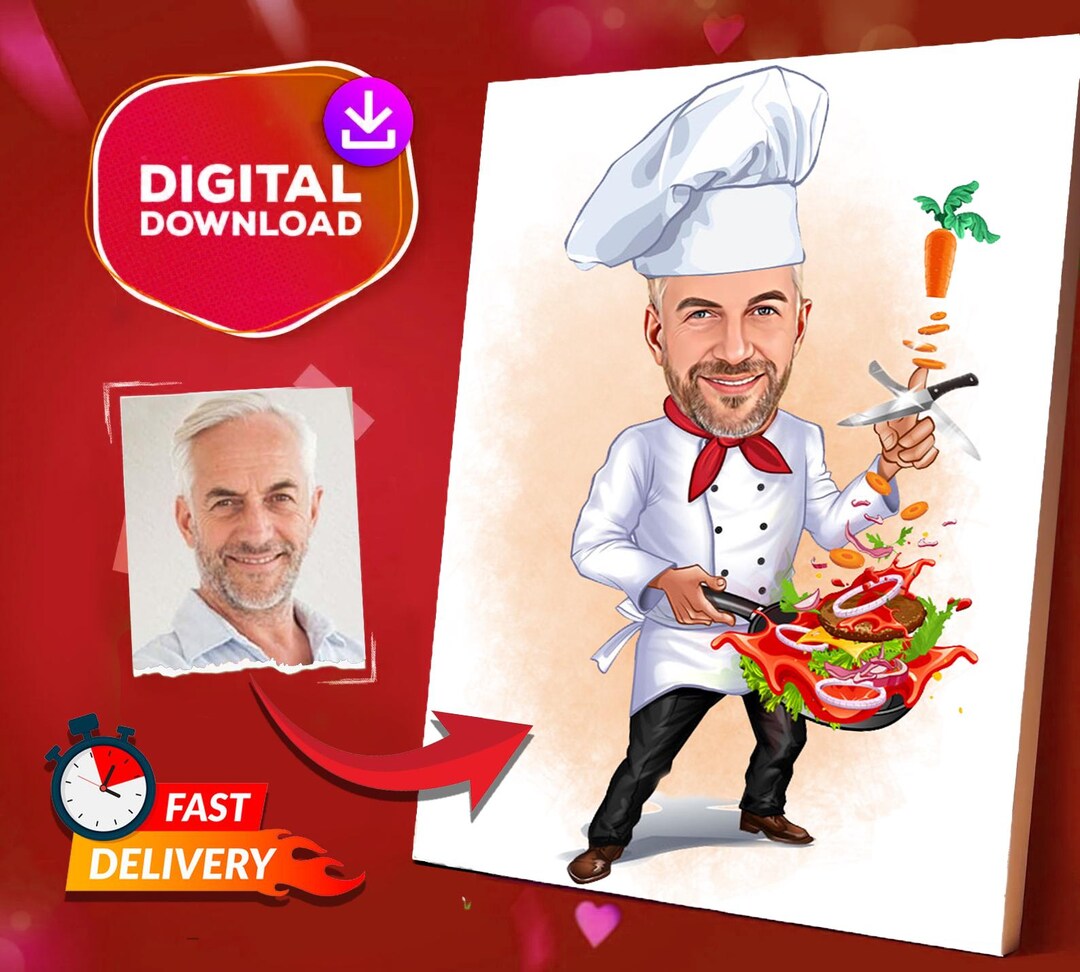 Personalized Chef Cartoon Portrait, Chef Caricature Drawing From Photo ...