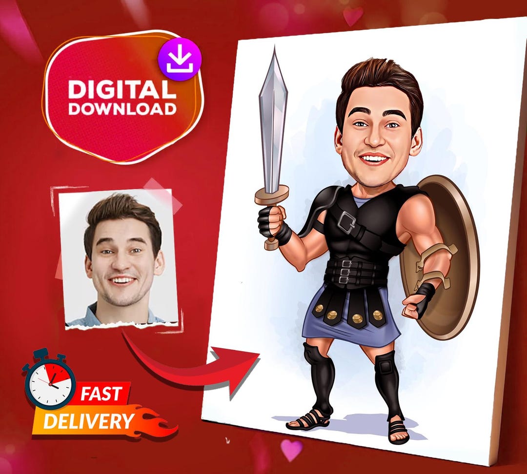 Personalized Gladiator Cartoon Portrait, Custom Gladiator Caricature ...