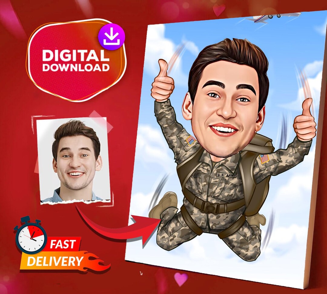 Personalized Military Cartoon Portrait, Custom Male Soldier Caricature ...