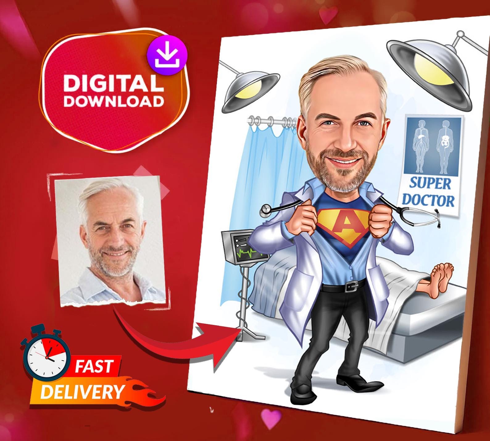 Personalized Super Doctor Cartoon Portrait, Custom Male Doctor ...